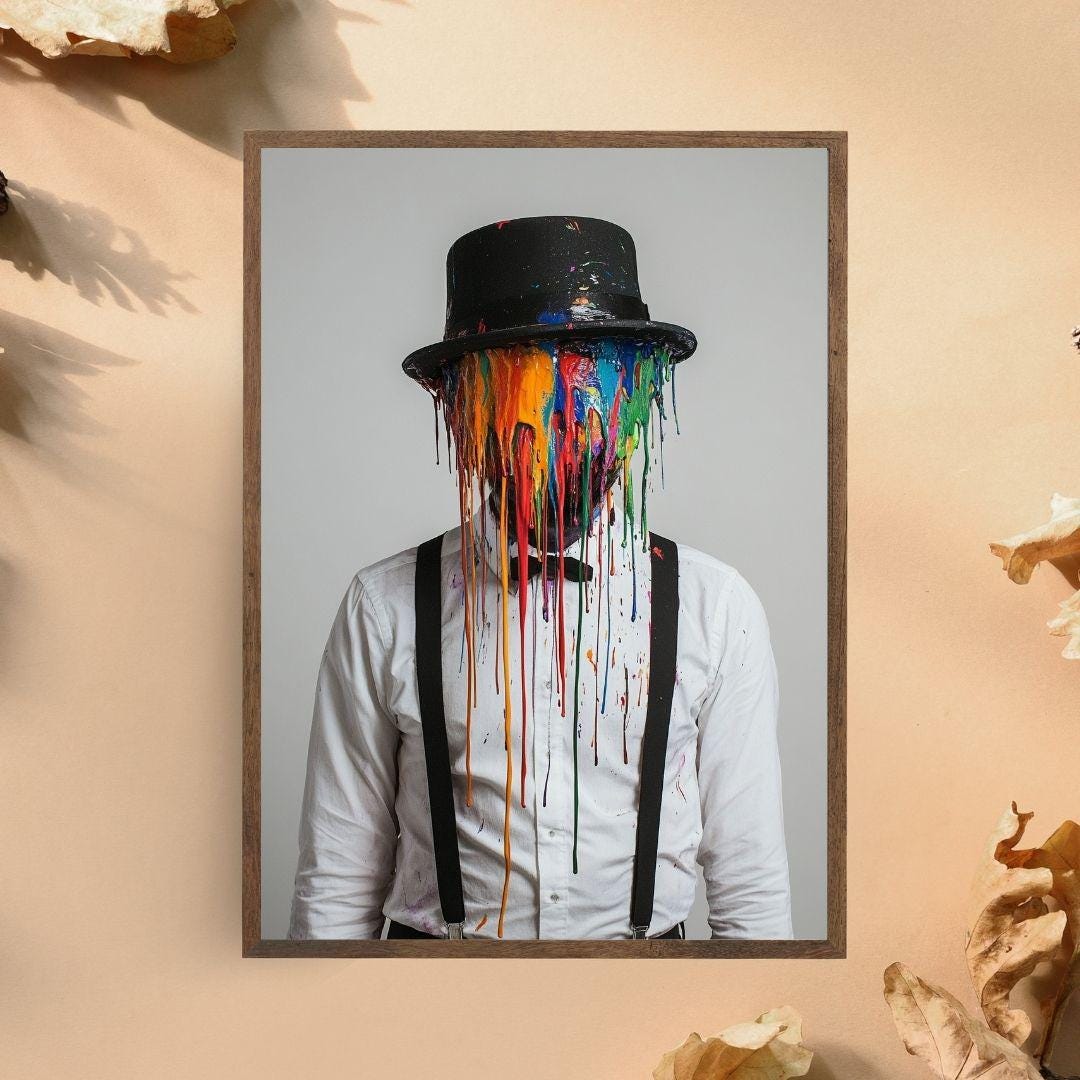 Surrealist Colorful Dripping Head Art, Abstract Figure With Top Hat ...