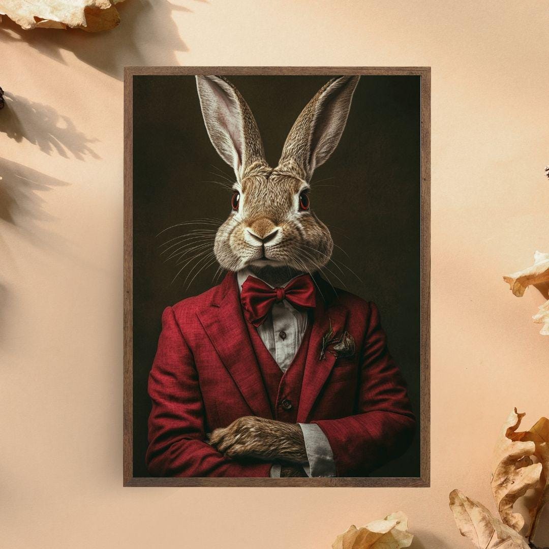 Dapper Rabbit in Suit Art Print, Quirky Animal Wall Decor, Stylish ...