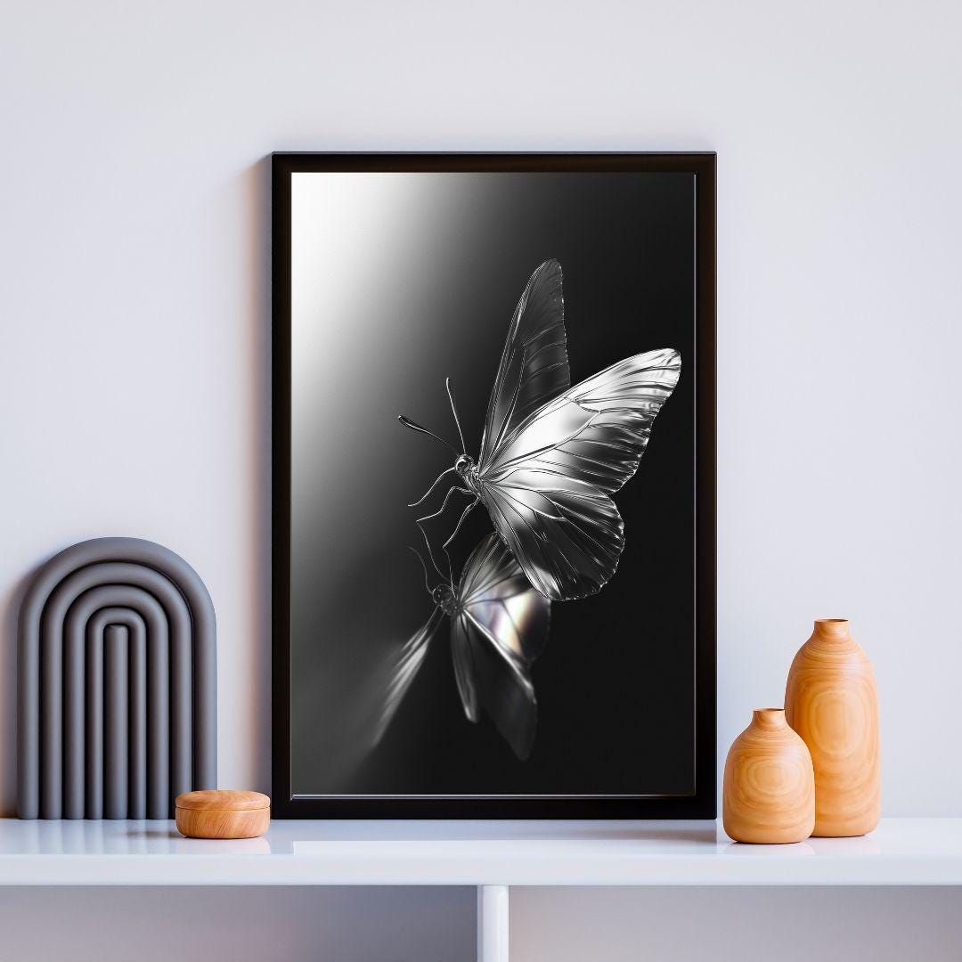 Silver Butterfly Reflection Art Print, Minimalist Black and White Wall ...