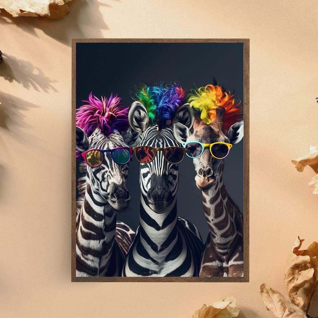 Funky Animal Art Print, Zebra and Giraffe With Colorful Hair and ...