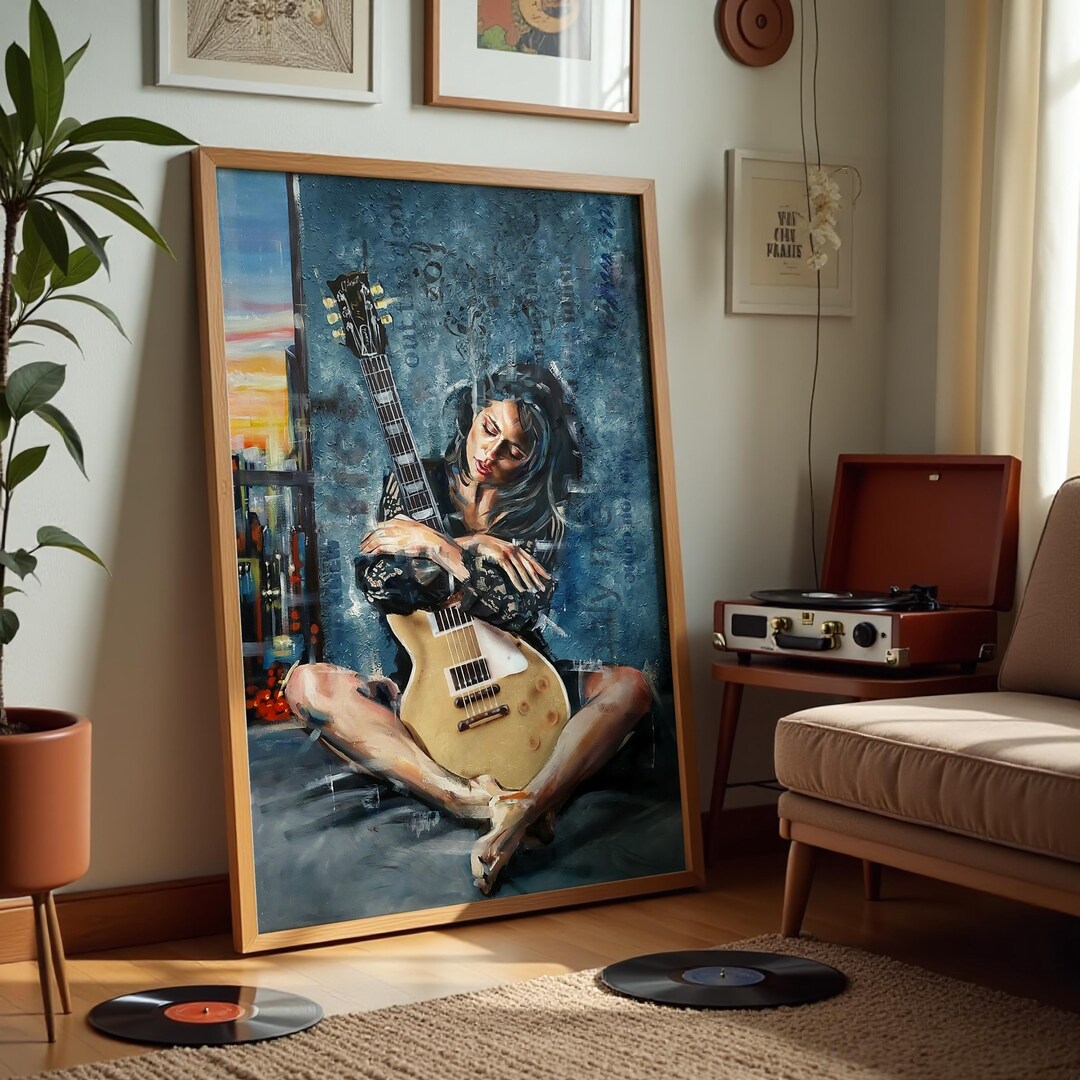 Emotive Woman With Electric Guitar Painting, Original Figurative Wall ...