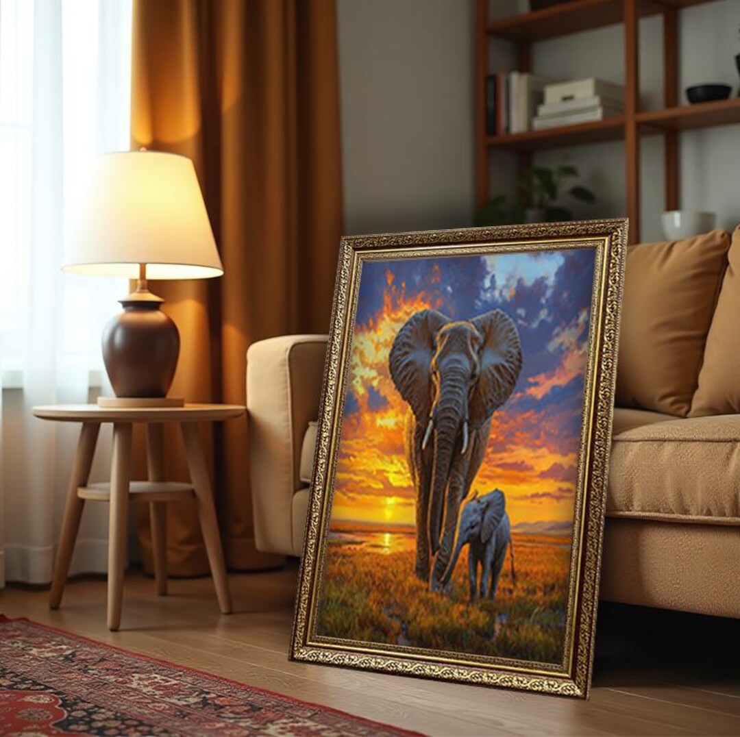 Elephant Sunset Canvas Wall Art – Safari Wildlife Painting – African ...