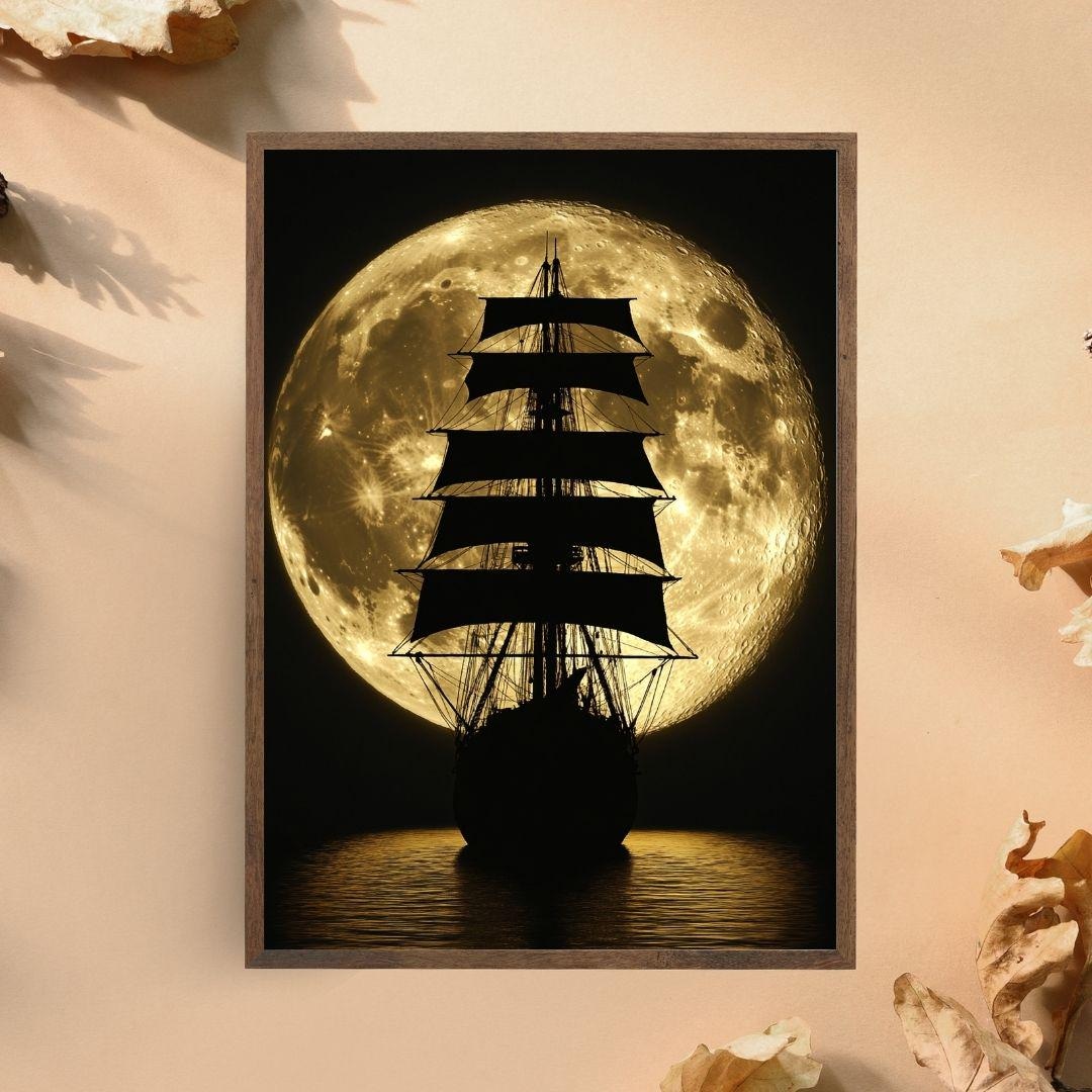 Moonlit Ship Art Print,majestic Sailboat Silhouette Wall Decor,full ...