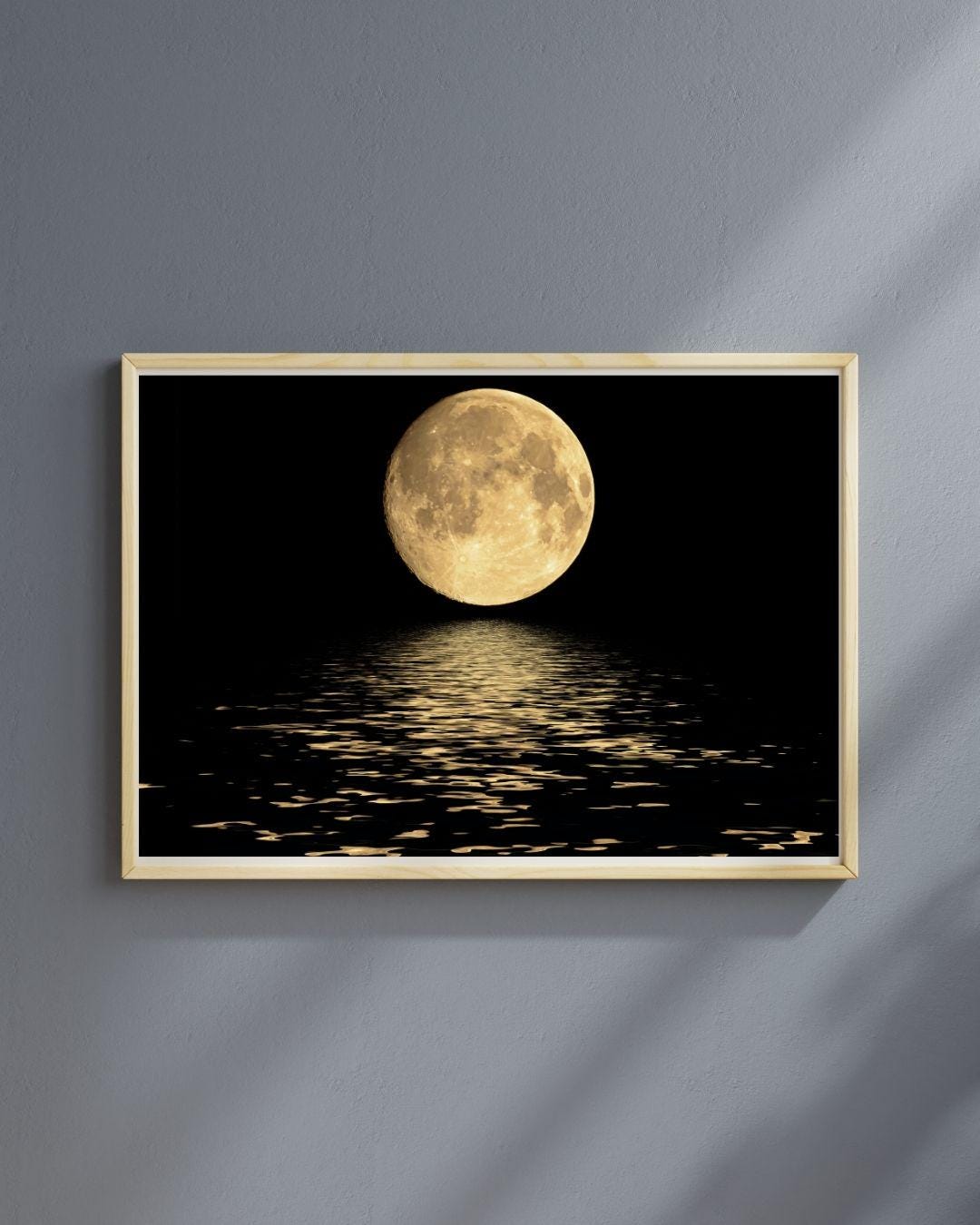 Full Moon Reflection Art, Golden Moon Over Water Print, Tranquil Night ...