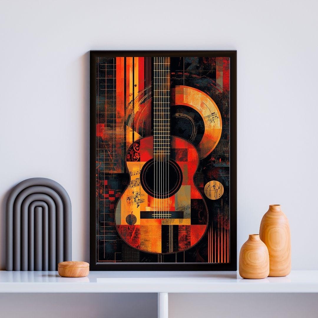 Abstract Guitar Art Print, Vibrant Musical Instrument Wall Decor, Bold ...