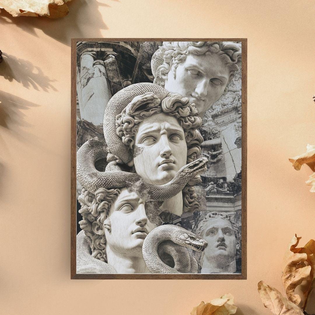 Ancient Greek Mythology Medusa Art Print, Greek Statues Collage ...