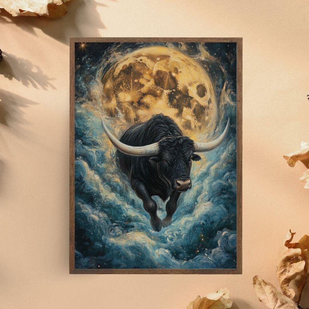 Bull Under Full Moon Art Print, Celestial Bull Wall Decor, Powerful ...