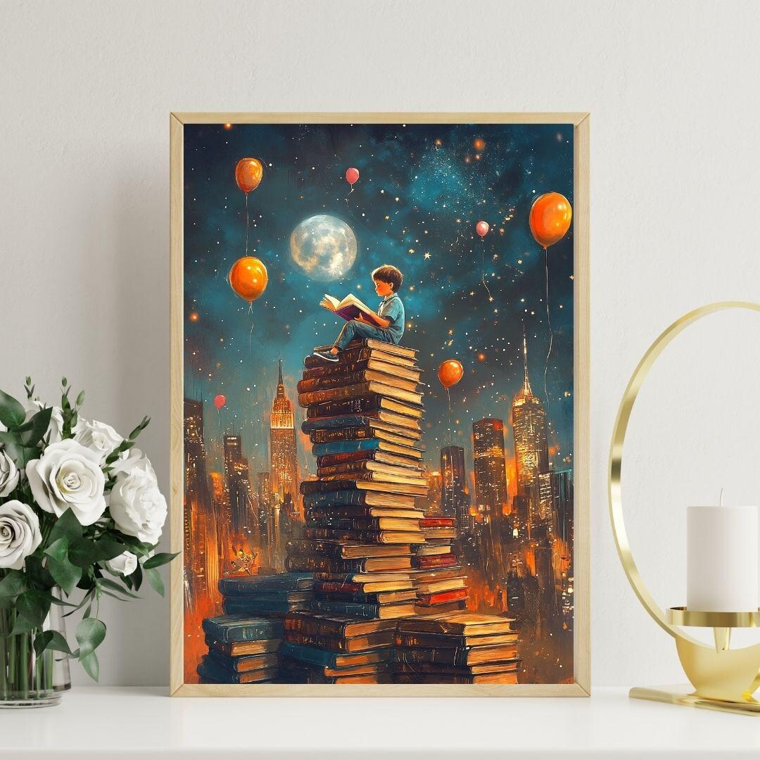 Dreamy Book Stack Cityscape Art Print, Surreal Child Reading Wall Art ...