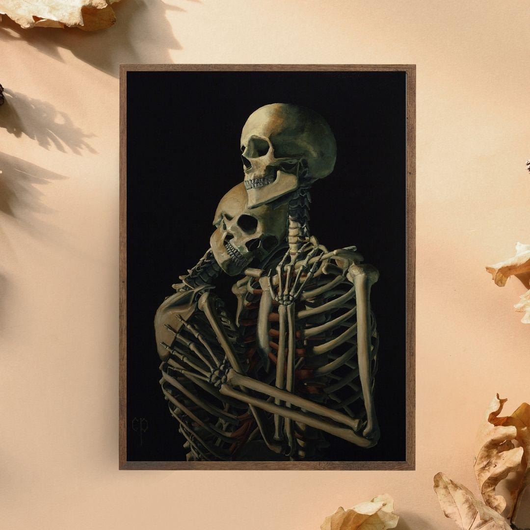 Skeleton Lovers Art Print, Gothic Skeleton Embrace, Dark Romantic Wall ...