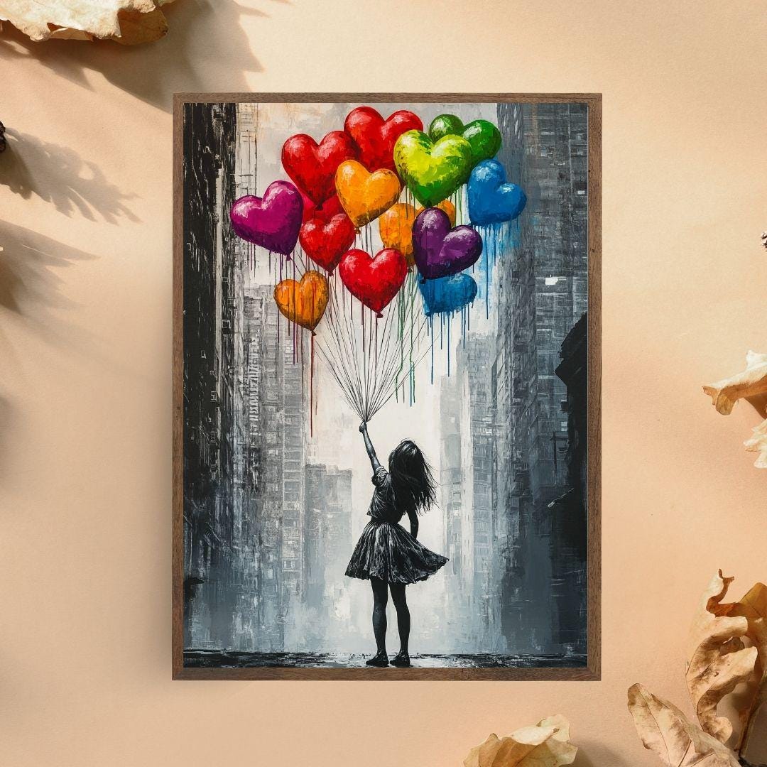 Colorful Heart Balloon Art Print, Modern Urban Street Art, Girl With ...