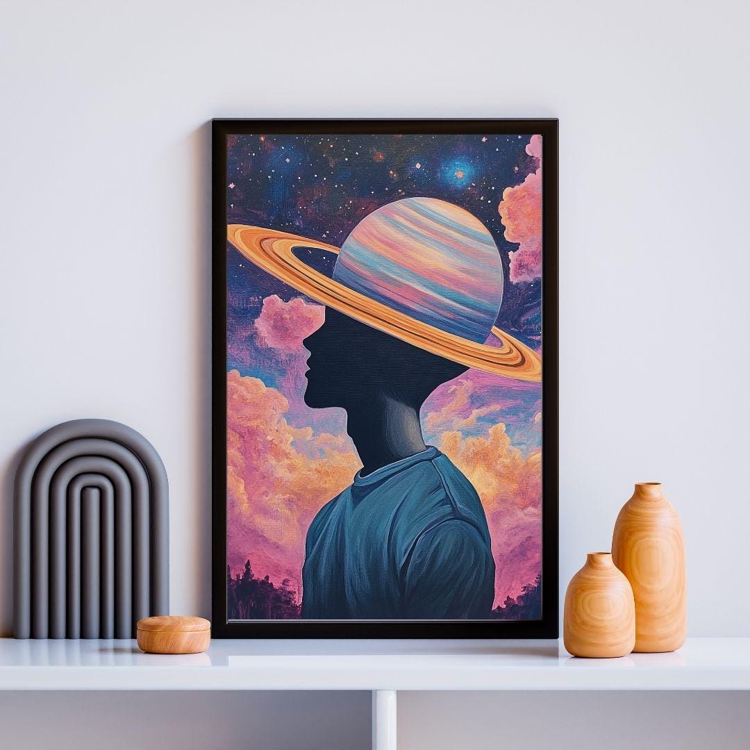 Cosmic Silhouette Art Print - Surreal Portrait With Saturn, Dreamy ...