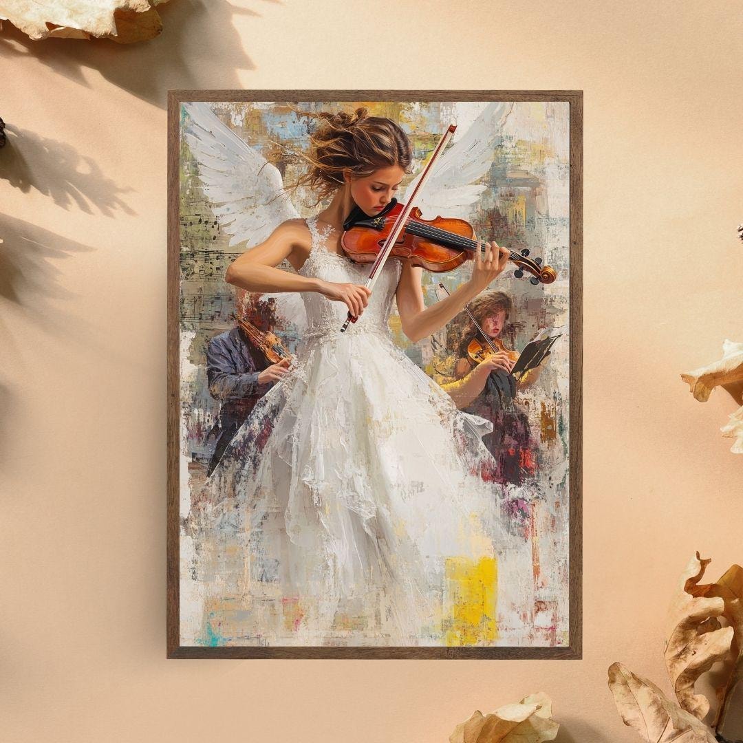 Angel Violinist Art Print, Ethereal Musician Wall Decor, Angel Playing ...