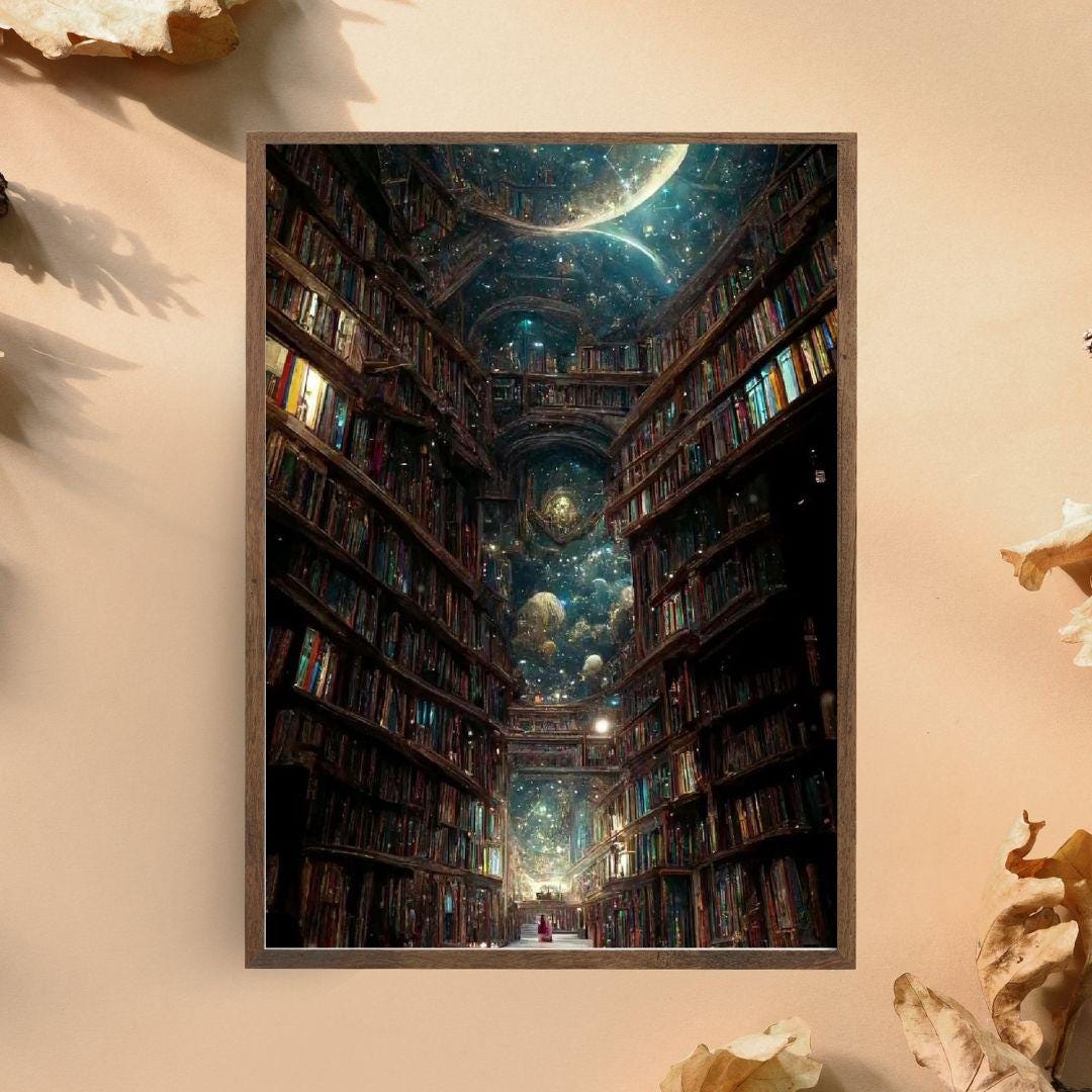 Cosmic Library Art Print, Surreal Fantasy Bookshelves Under Stars ...