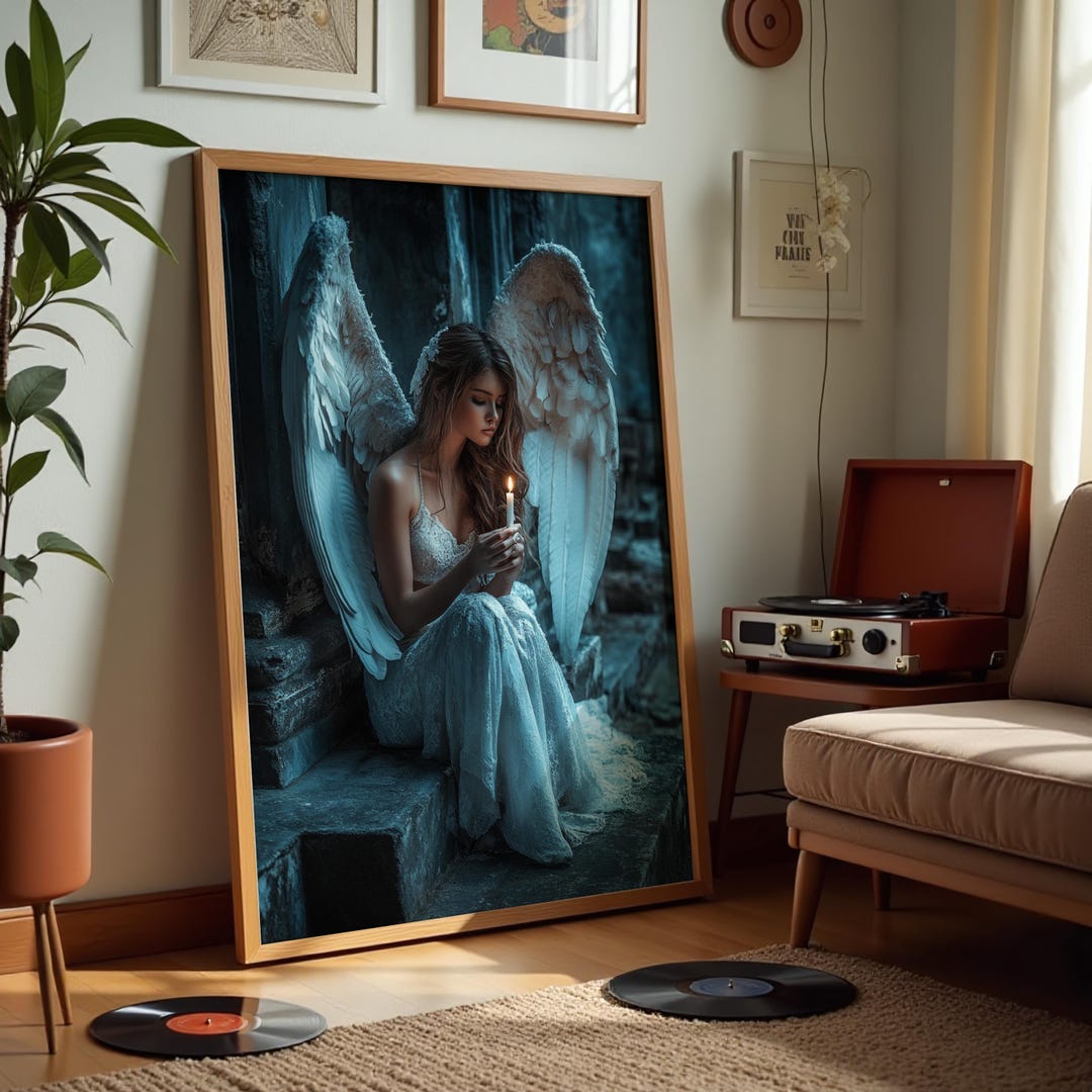 Angel Canvas Print, Dreamy Fantasy Wall Art, Serene Candlelight Angel ...