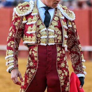 Men Customize Red 3PC Matador Suit Gold Embroidered Spanish Bull ...