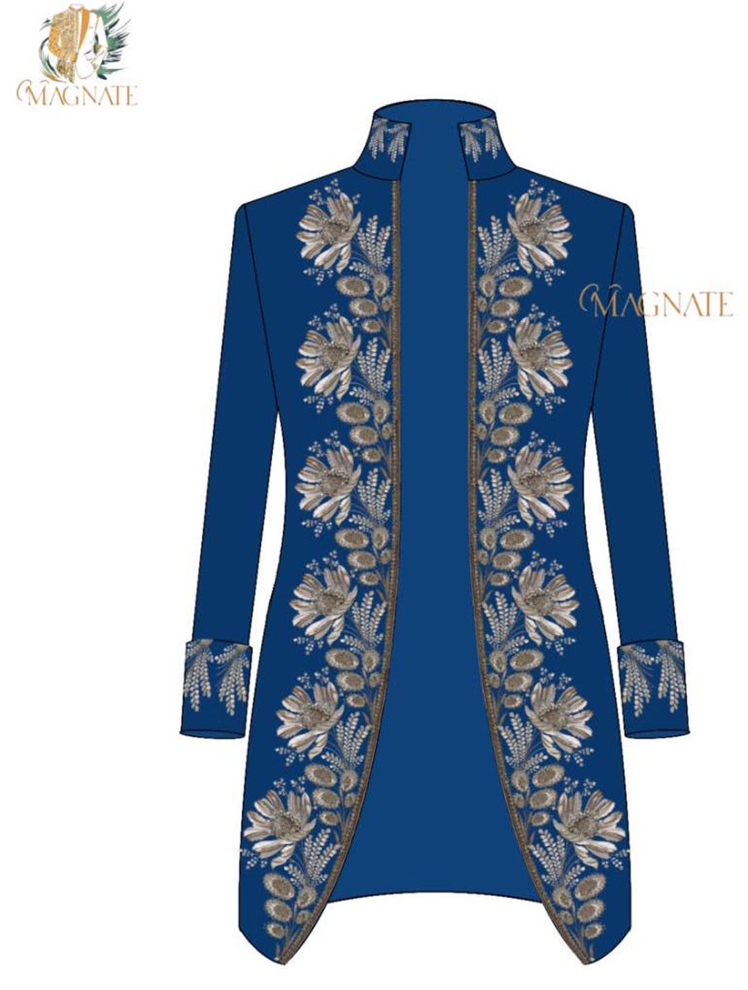 Men's Blue Bespoke History Jacket Floral Embroidered Rococo 18th ...