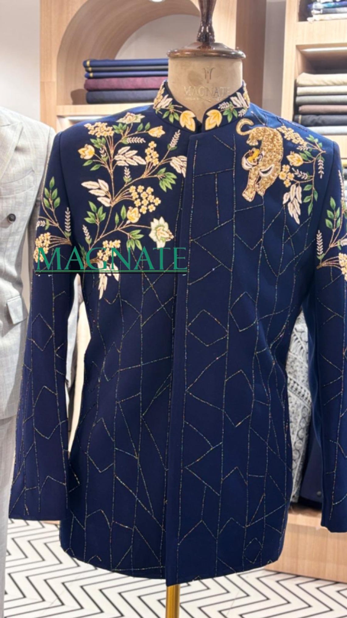 Men's Blue Customize Jacket Floral Tiger Embroidered Bead Embellished ...