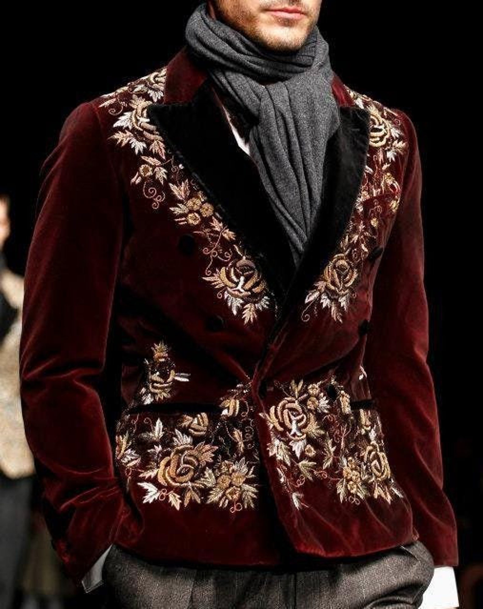 Men Maroon Bespoke Tuxedo Blazer Velvet Golden Embroidered Beads Satin ...