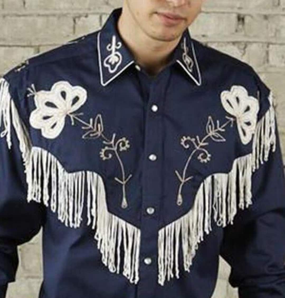 Men's Bespoke Blue Western Shirt Floral Embroidered Fringe Western ...