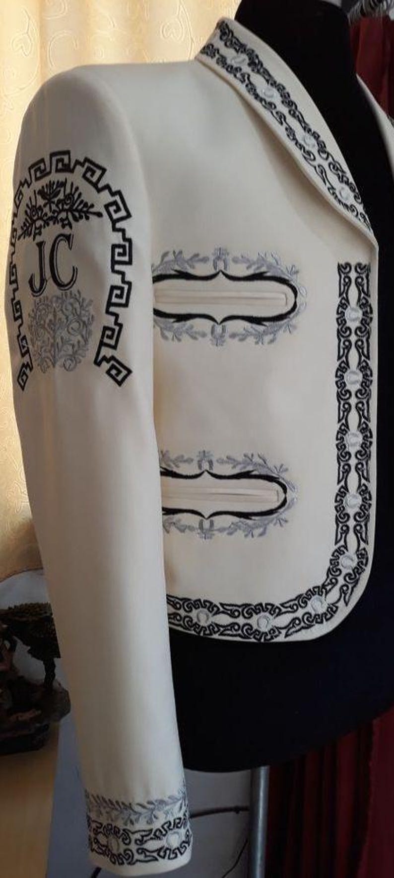 Men's Ivory Mariachi Bespoke Jacket Black Embroidered Charro Jacket ...
