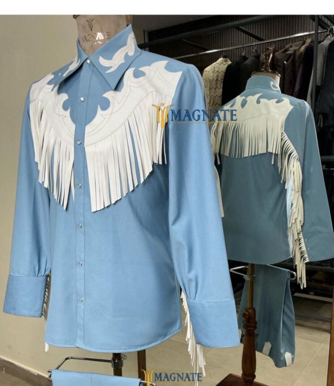 Men's Customized Blue 2pc Suits Embroidered Fringed Country Western ...