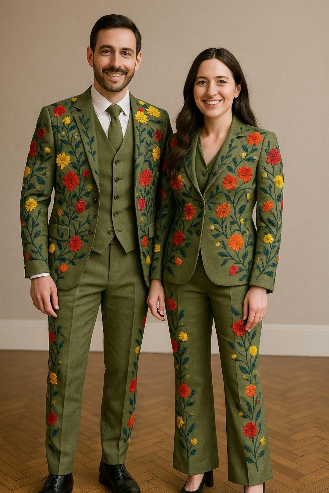 Men Green Customized 6 Piece Couple Matching Suits Wedding Attire Party ...