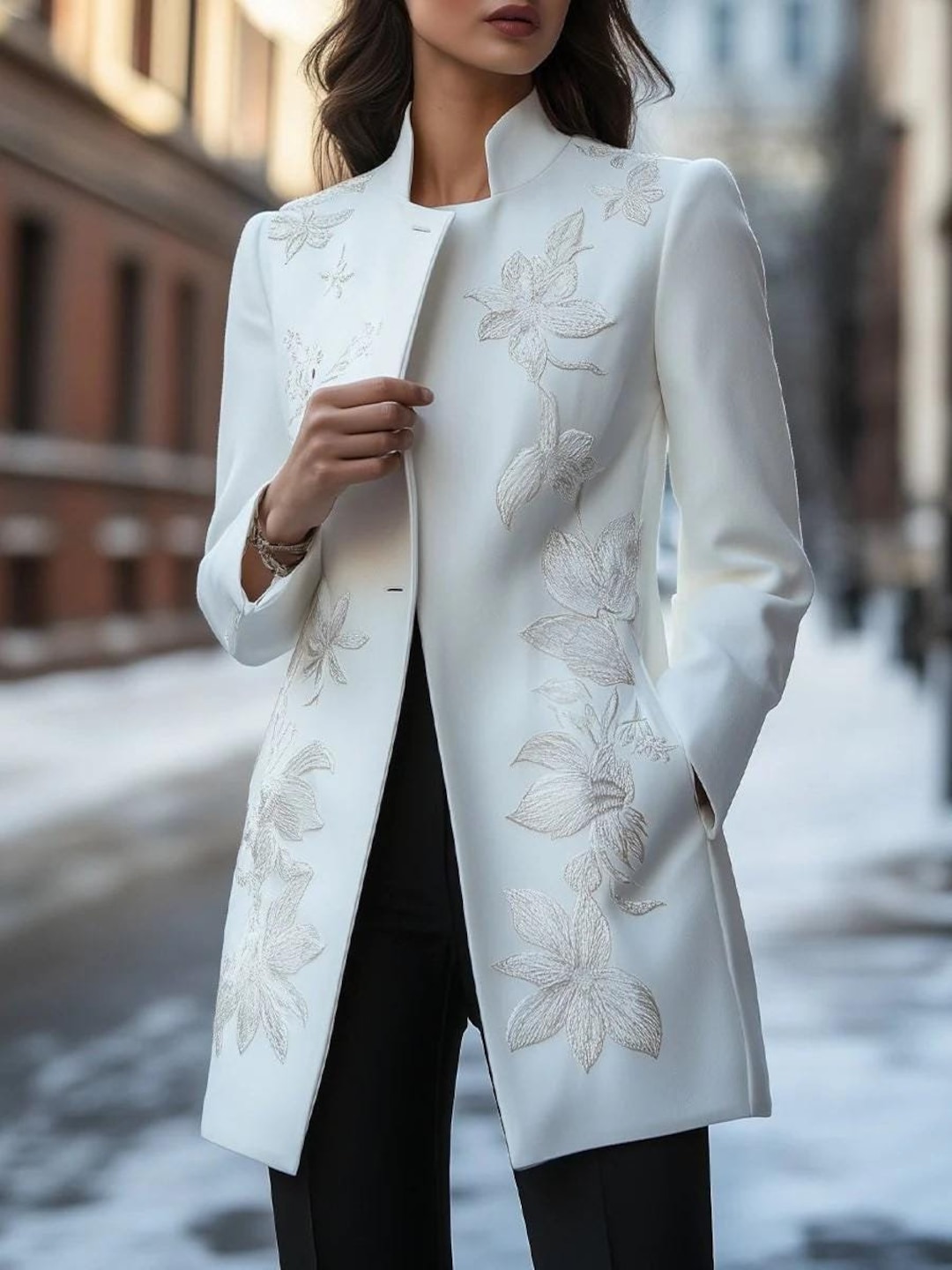 Women Tailored Ivory Trench Coat Floral Embroidered Wedding Attire for ...
