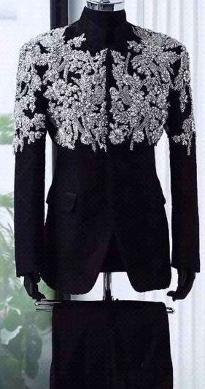 Men 2pc Black Bespoke Suit Silver Embellished Rhinestone Suit Wedding ...