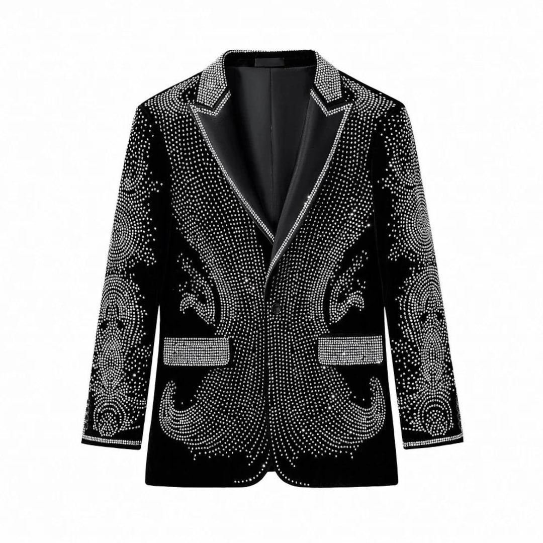 Men Custom Tailored Black Customized Blazer Rhinestone Embellished ...