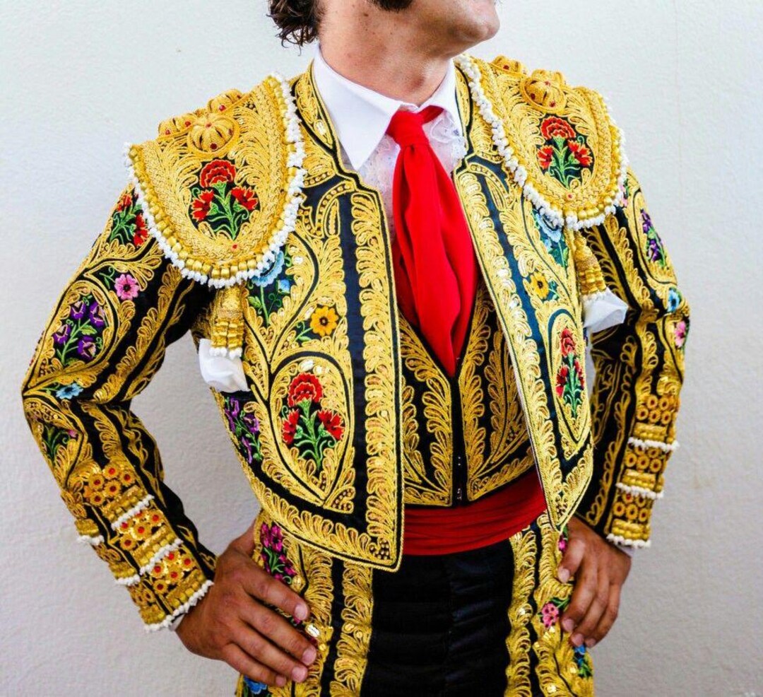 Men's Blue Matador 3pc Suit Golden Embroidered Sequin Embellished ...