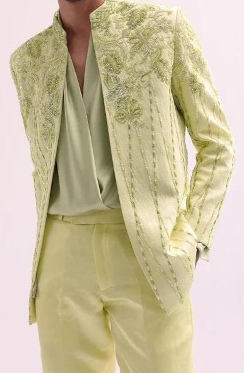 Men Green 2pc Bespoke Wedding Suits Floral Embroidered Embellished Wedding Suits Cocktail Attire ...