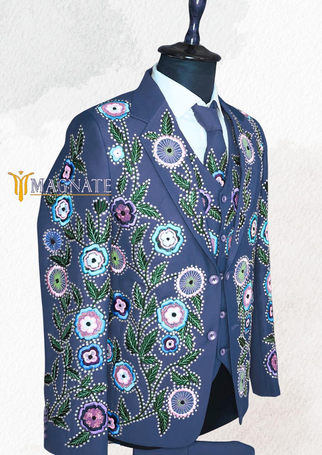 Men’s Blue Custom 3pc Western Suit Multi Floral Embroidered Rhinestone ...