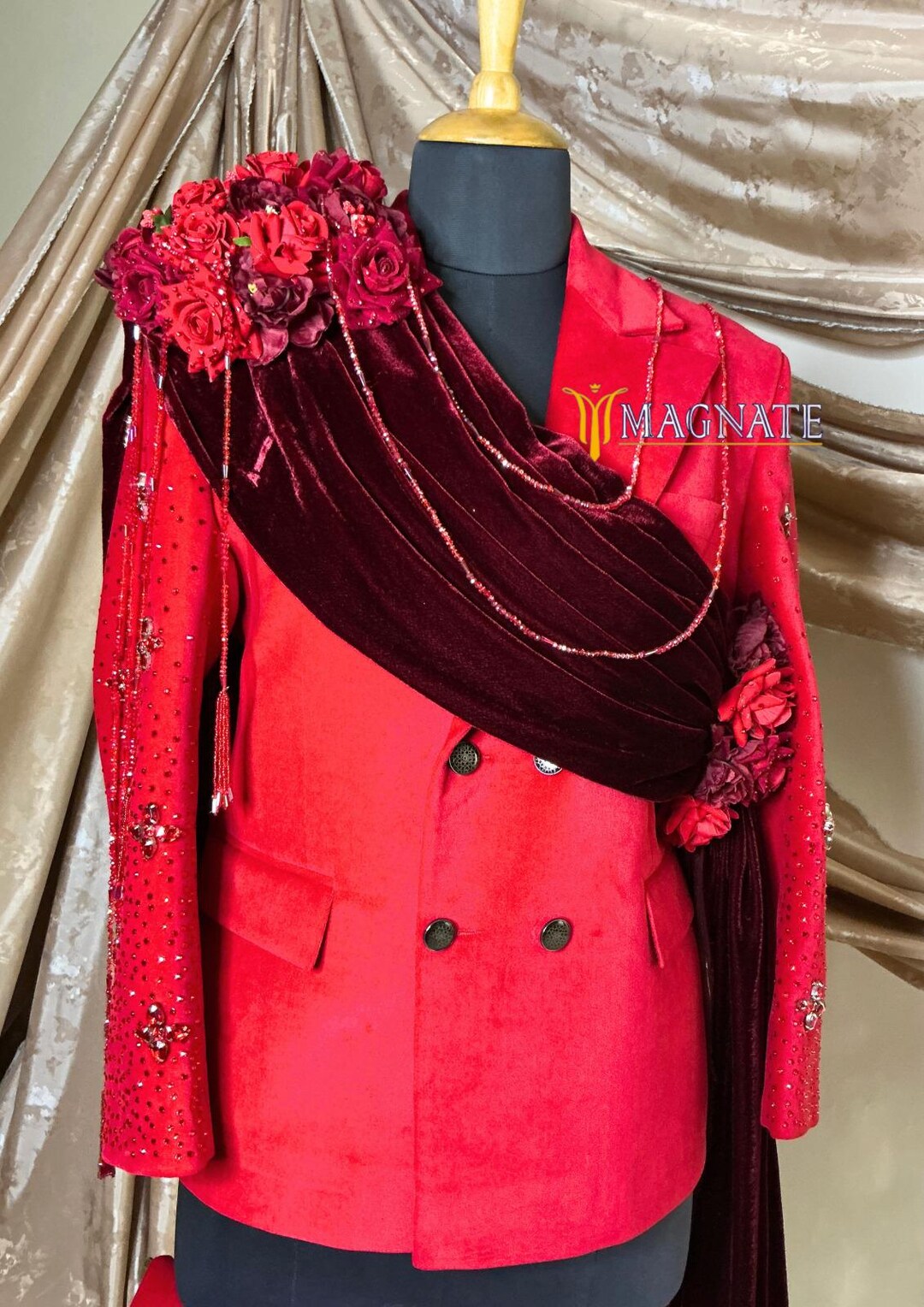 Men Red Embellished Suit – Floral Embellished Cape Crystal Studded ...