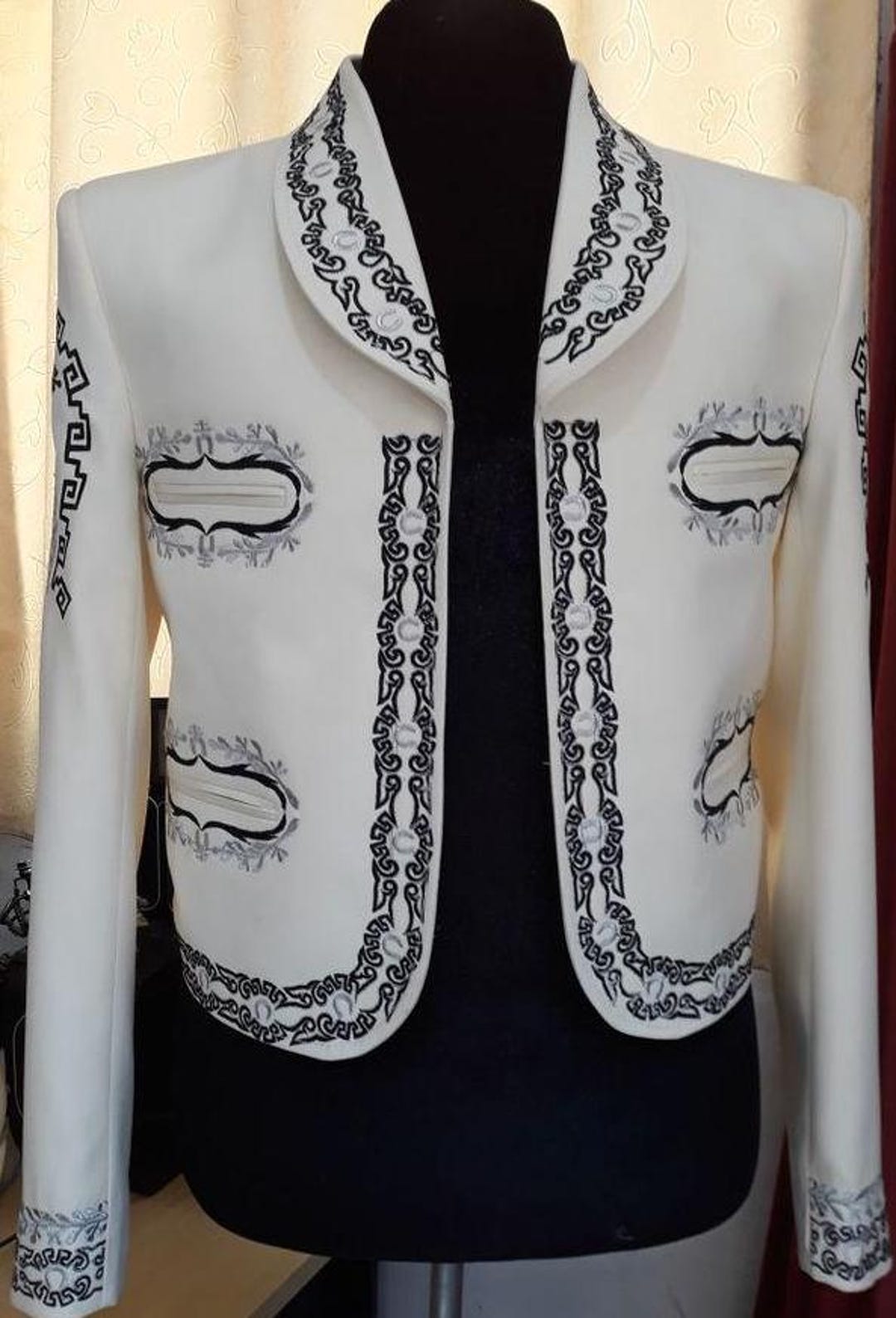 Men's Ivory Mariachi Bespoke Jacket Black Embroidered Charro Jacket ...