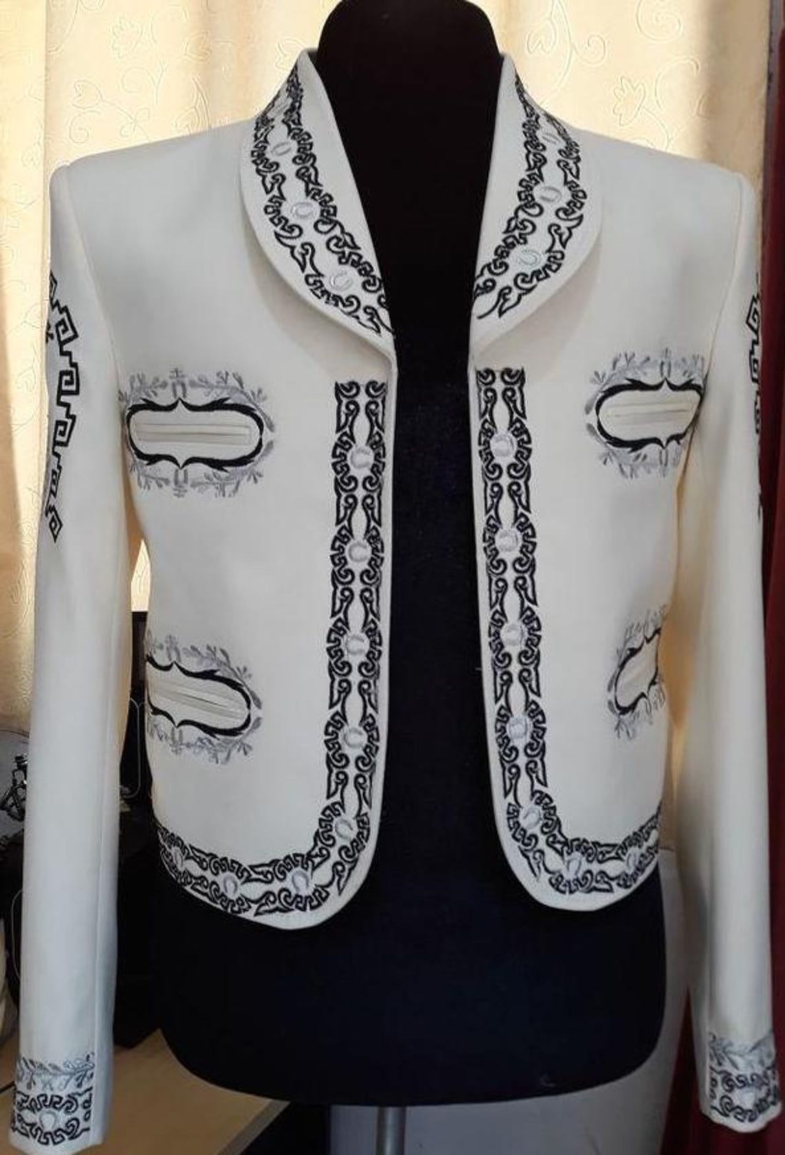 Men's Ivory Mariachi Bespoke Jacket Black Embroidered Charro Jacket ...