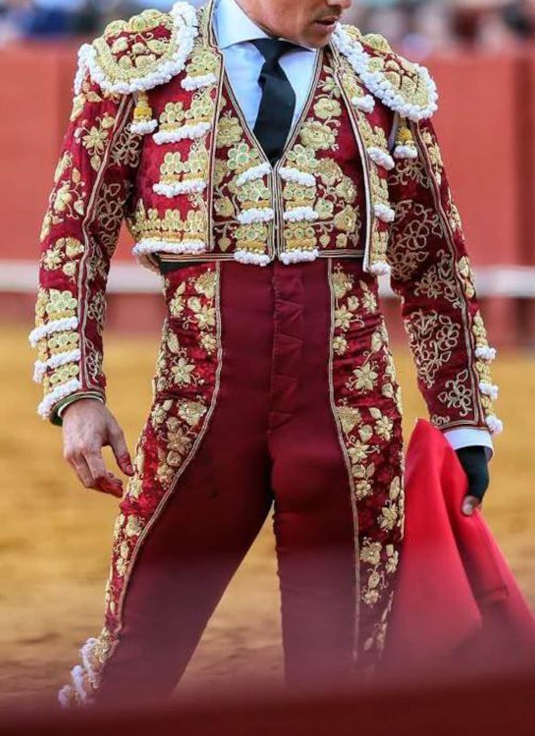 Men Customize Red 3PC Matador Suit Gold Embroidered Spanish Bull ...