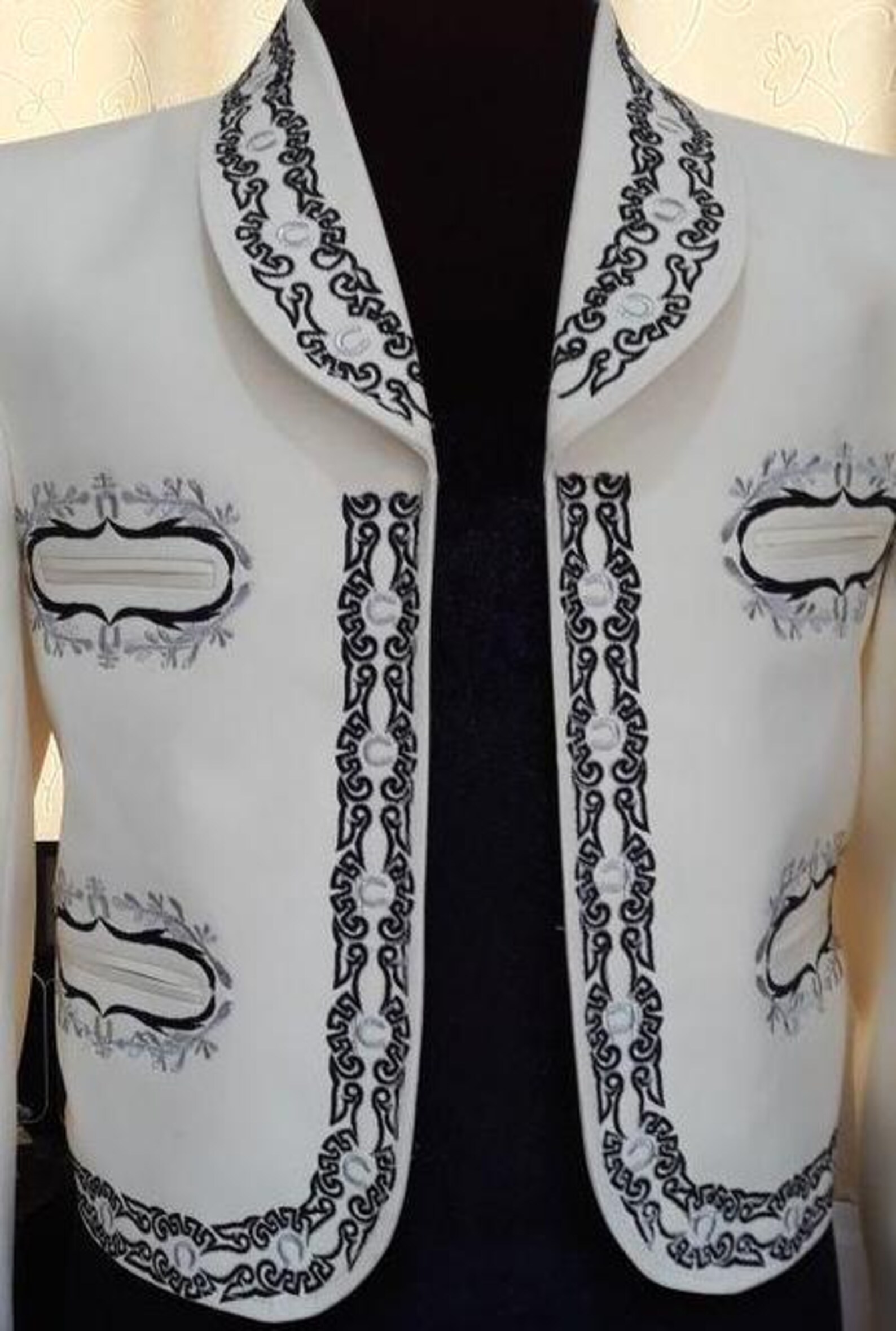 Men's Ivory Mariachi Bespoke Jacket Black Embroidered Charro Jacket ...