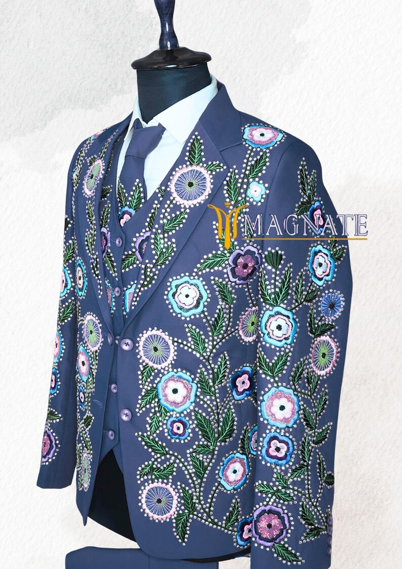 Men’s Blue Custom 3pc Western Suit Multi Floral Embroidered Rhinestone ...
