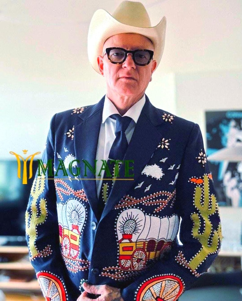 Men Cowboy French Navy Blue Western Customized 2pc Train Embroidered ...