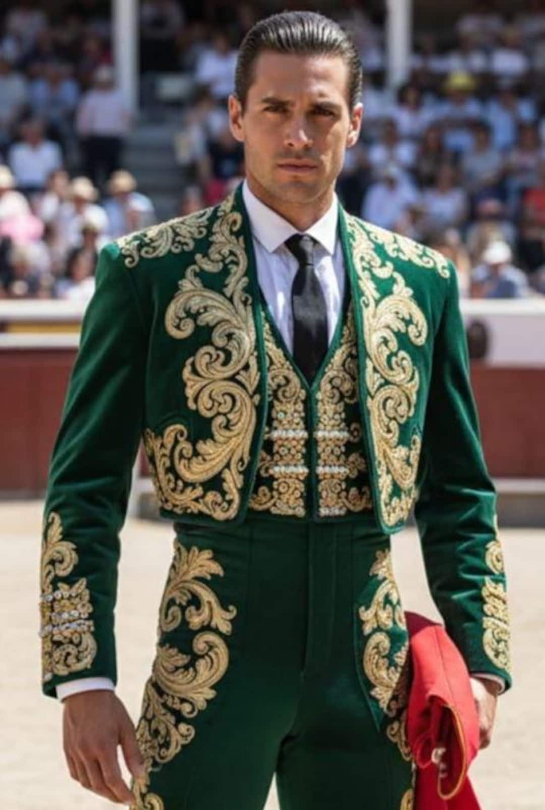 Men Green Velvet Made to Order 3 Piece Gold Hand Embroidered Matador ...