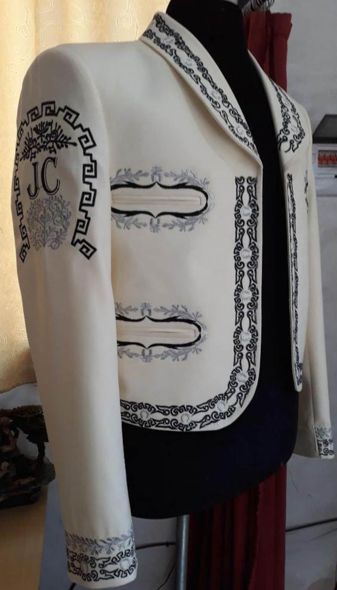 Men's Ivory Mariachi Bespoke Jacket Black Embroidered Charro Jacket ...