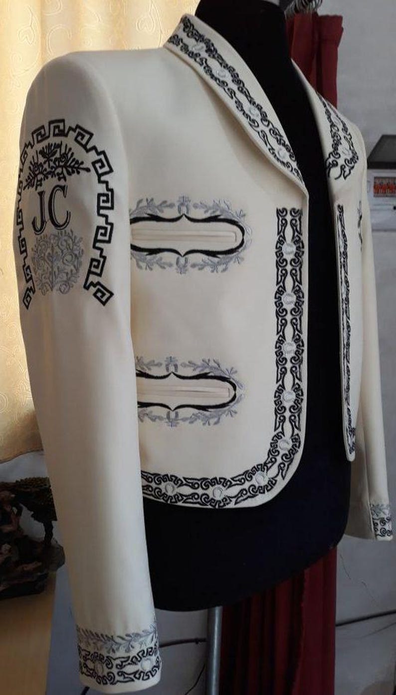 Men's Ivory Mariachi Bespoke Jacket Black Embroidered Charro Jacket ...