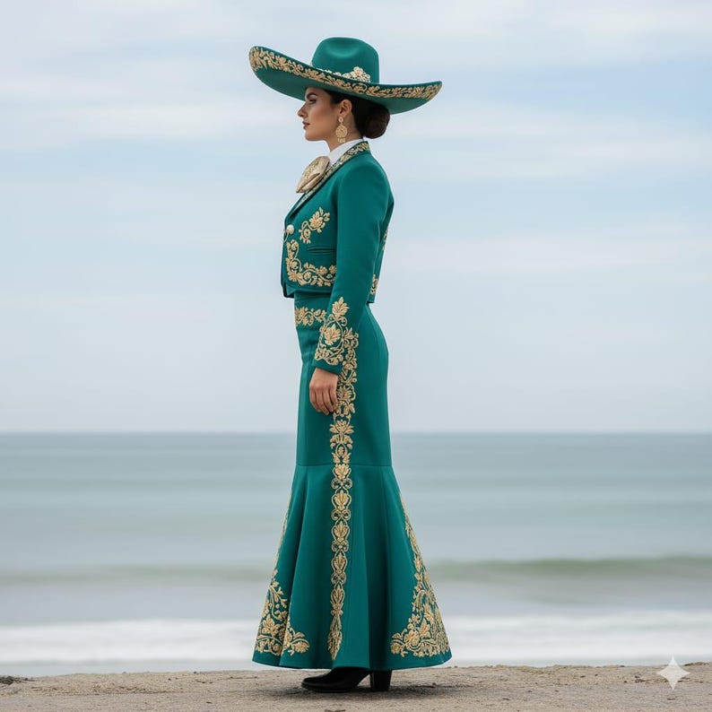 Women Custom Green Mariachi 3pc Embroidered Mexican Bridal Charo Suits ...