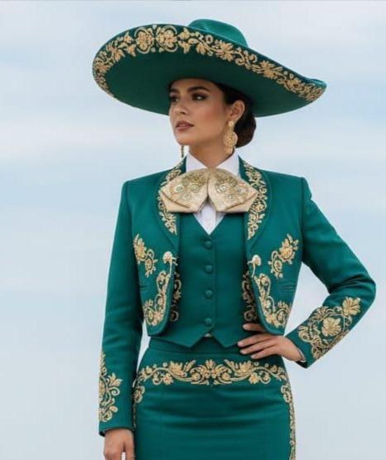 Women Custom Green Mariachi 3pc Embroidered Mexican Bridal Charo Suits ...