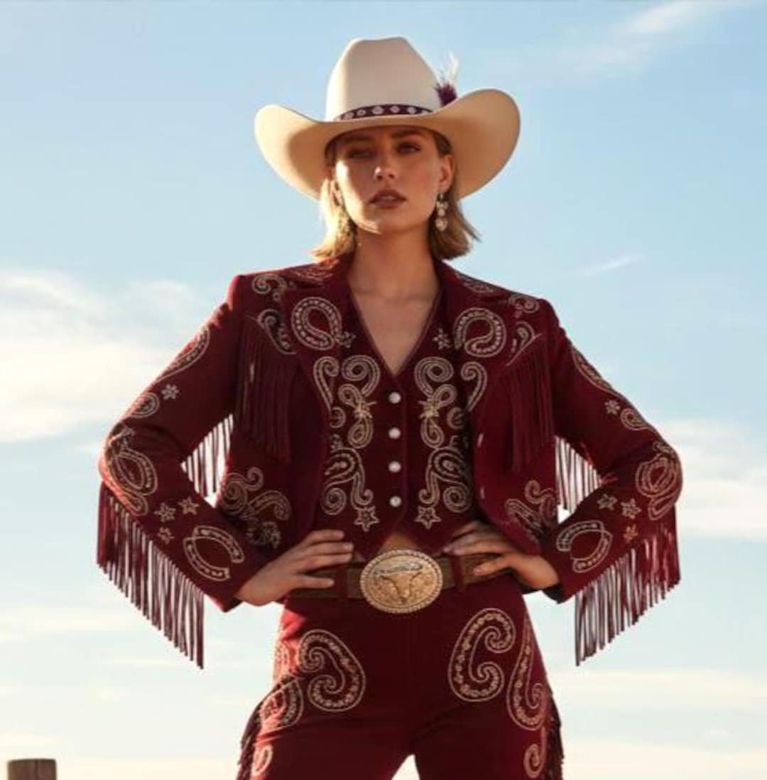 Women Wine 3 Piece Custom Country Western Floral Embroidered Fringed ...