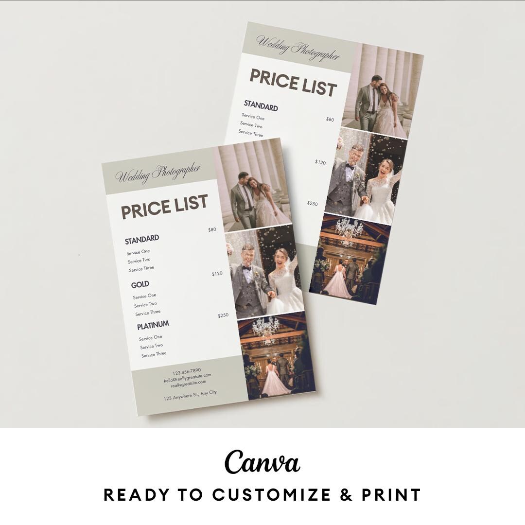 Printable Price List Template for Wedding Photographer Editable ...