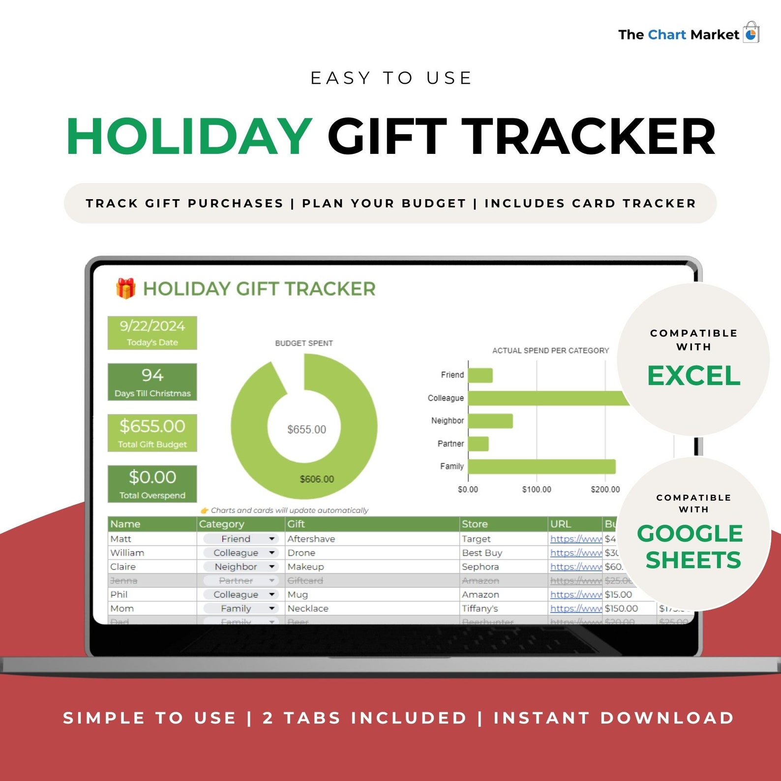 Christmas Gift Tracker Google Sheets, Holiday Card Planner Excel ...