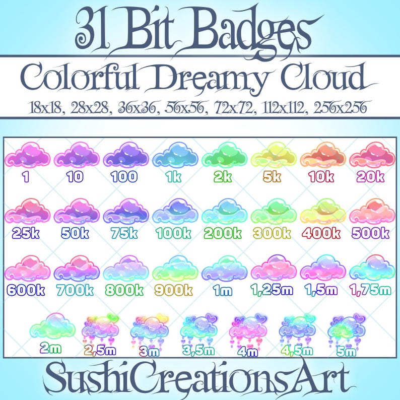 31 Kawaii Dreamy Clouds Twitch Number Bit Badges, Love Heart Cloud Discord Roles Sub Pack Sky ...