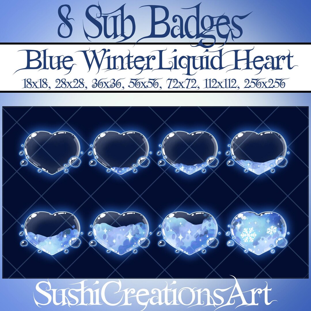 8 Blue Winter Liquid Heart Sub Badges Goals, Snowflakes Love Night ...