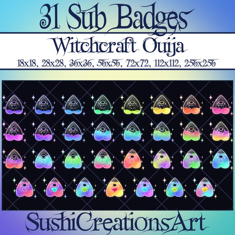 31 Kawaii Liquid Colorful Ouija Twitch Sub Badges, Runic Witchcraft Pack Bit Ouija Planchette ...